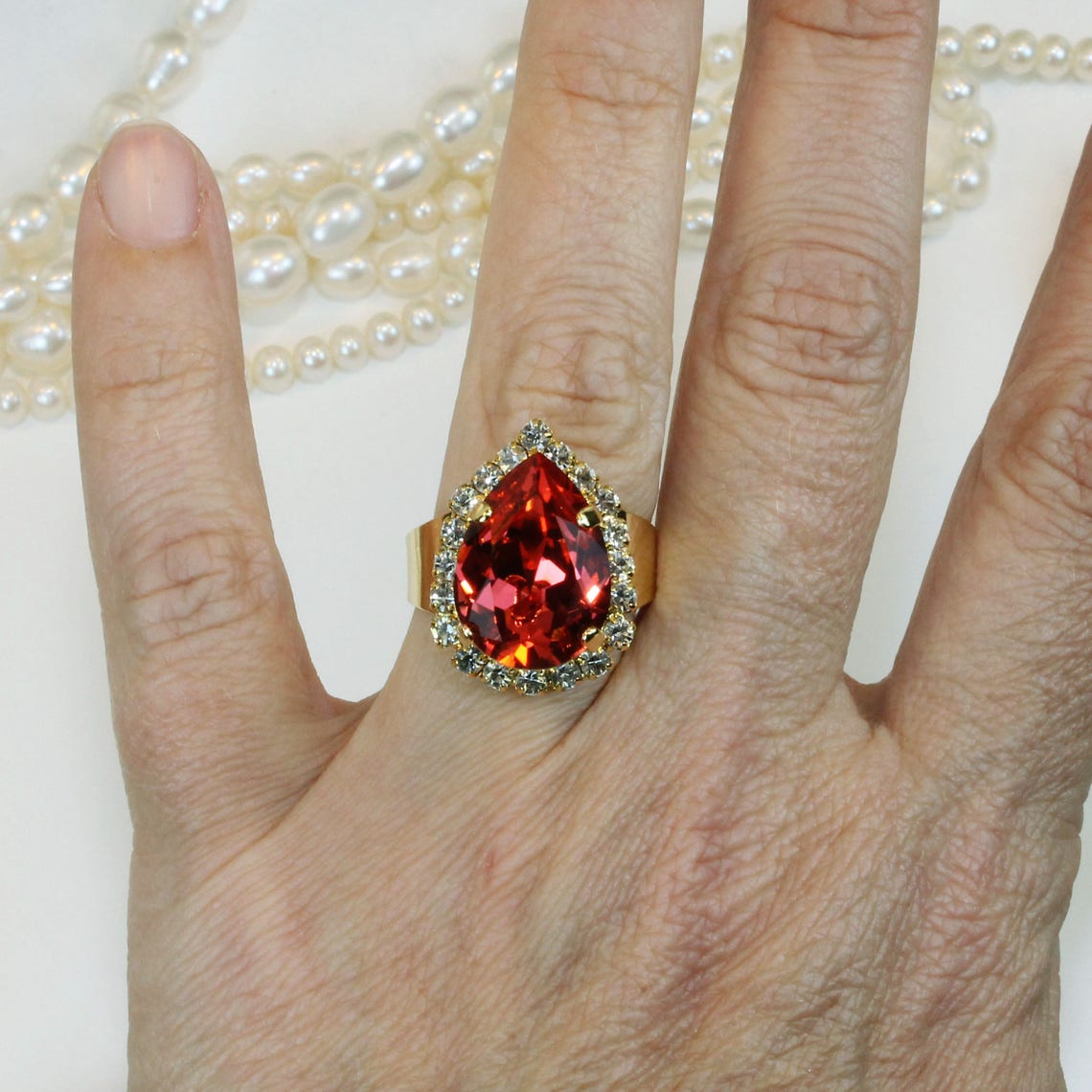 Coral Crystal Ring Watermelon Bridal European Crystal Teardrop ...