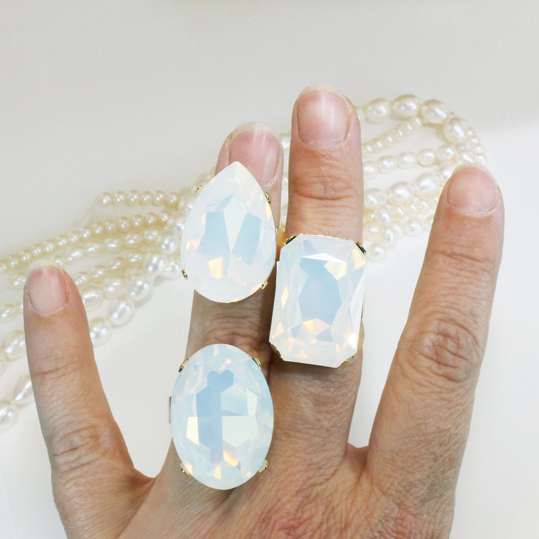 White Opal Cocktail Ring, Oversize Ring, Statement Rings for Bride ...