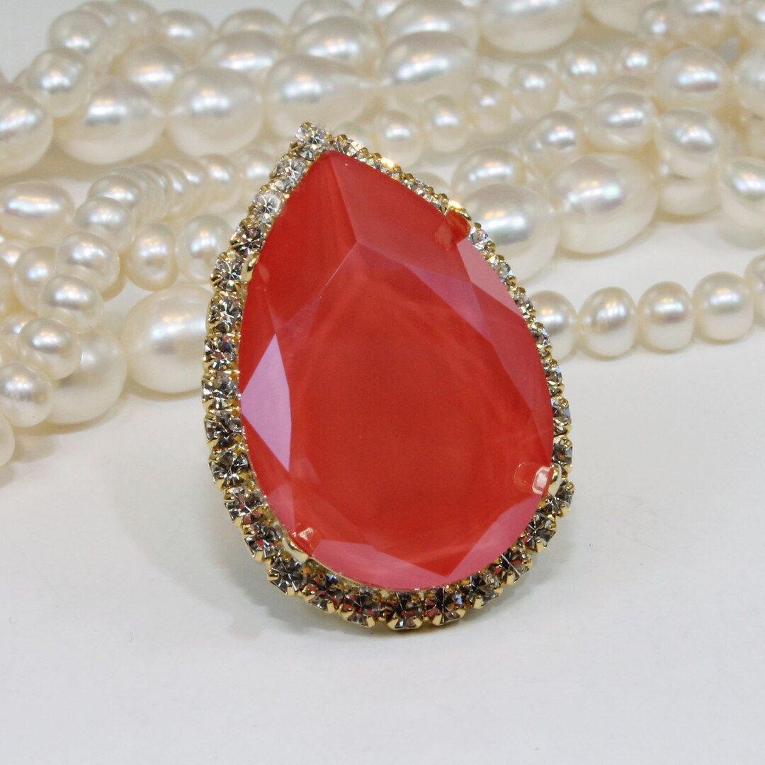 Coral Ring Coral Statement Ring Bridal Crystal European Cocktail ...