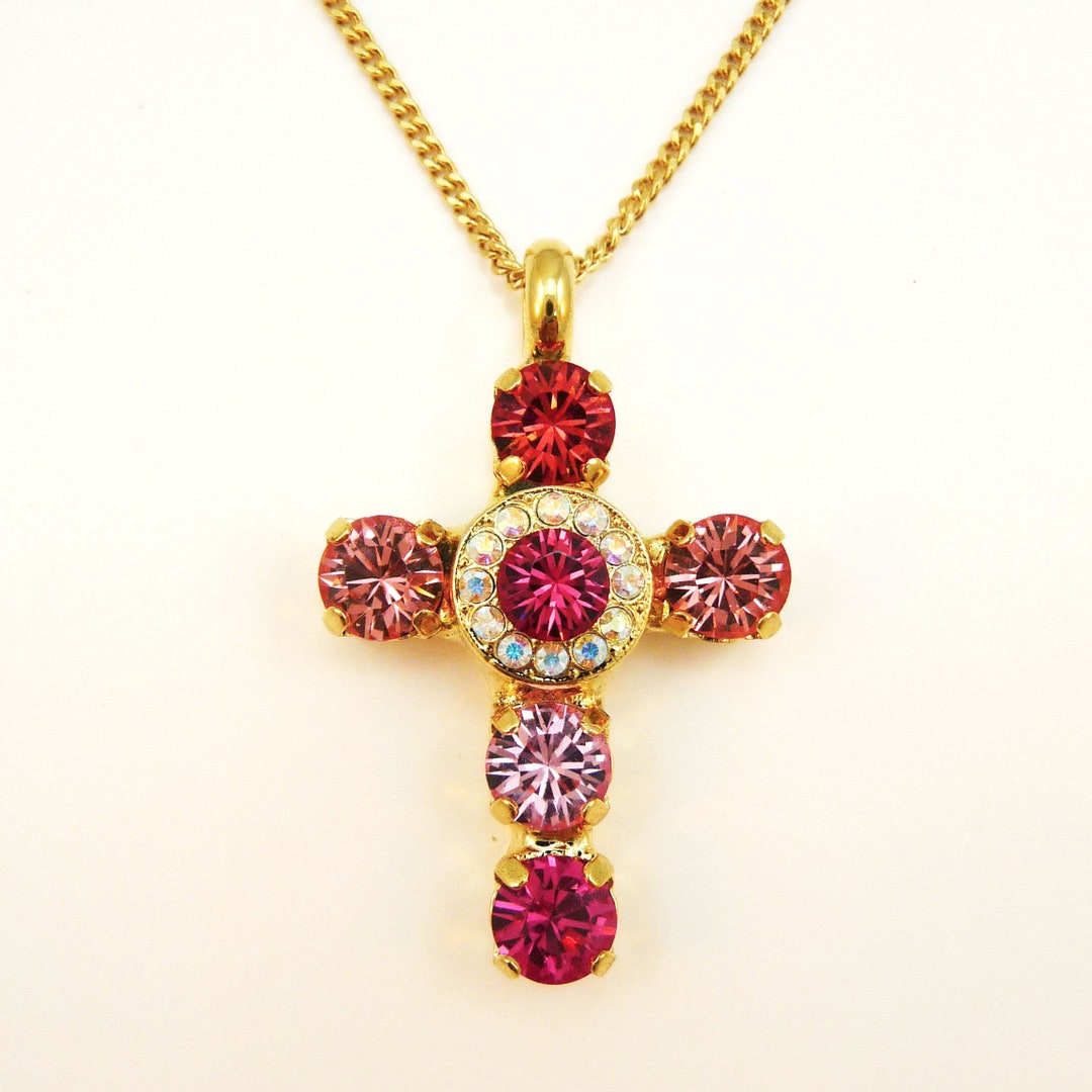 Coral Peach Pink Cross European Crystal Necklace Gold Cross - Etsy