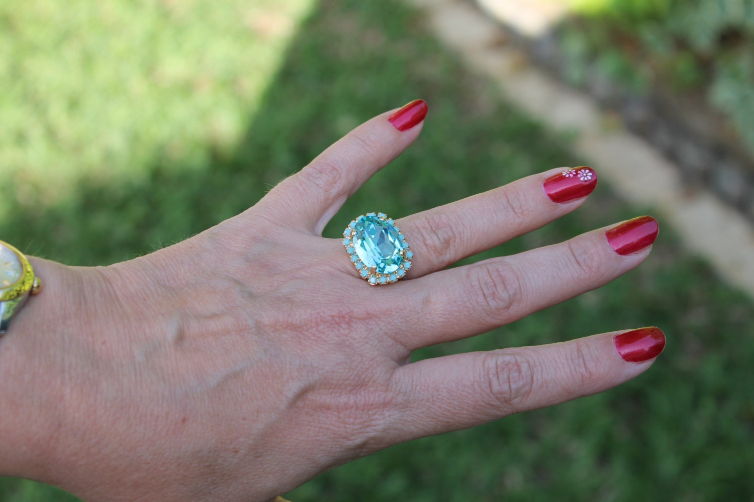 Aqua Blue Ring Adjustable Crystal Turquoise European Oval Ring Cocktail ...