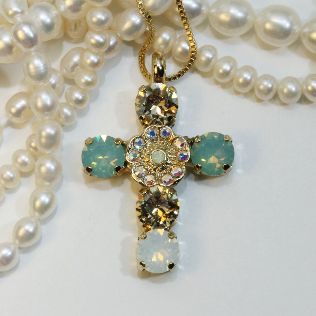 Mint Green Cross European Crystal Cross Pendant Mint Champagne Brown ...