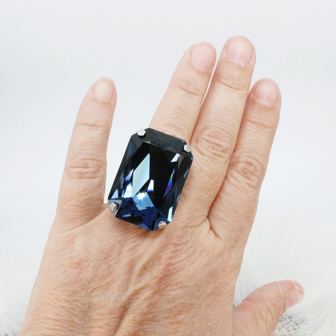 Navy Blue Big Crystal Ring, Dark Blue Cocktail Ring, Huge Stone Ring ...