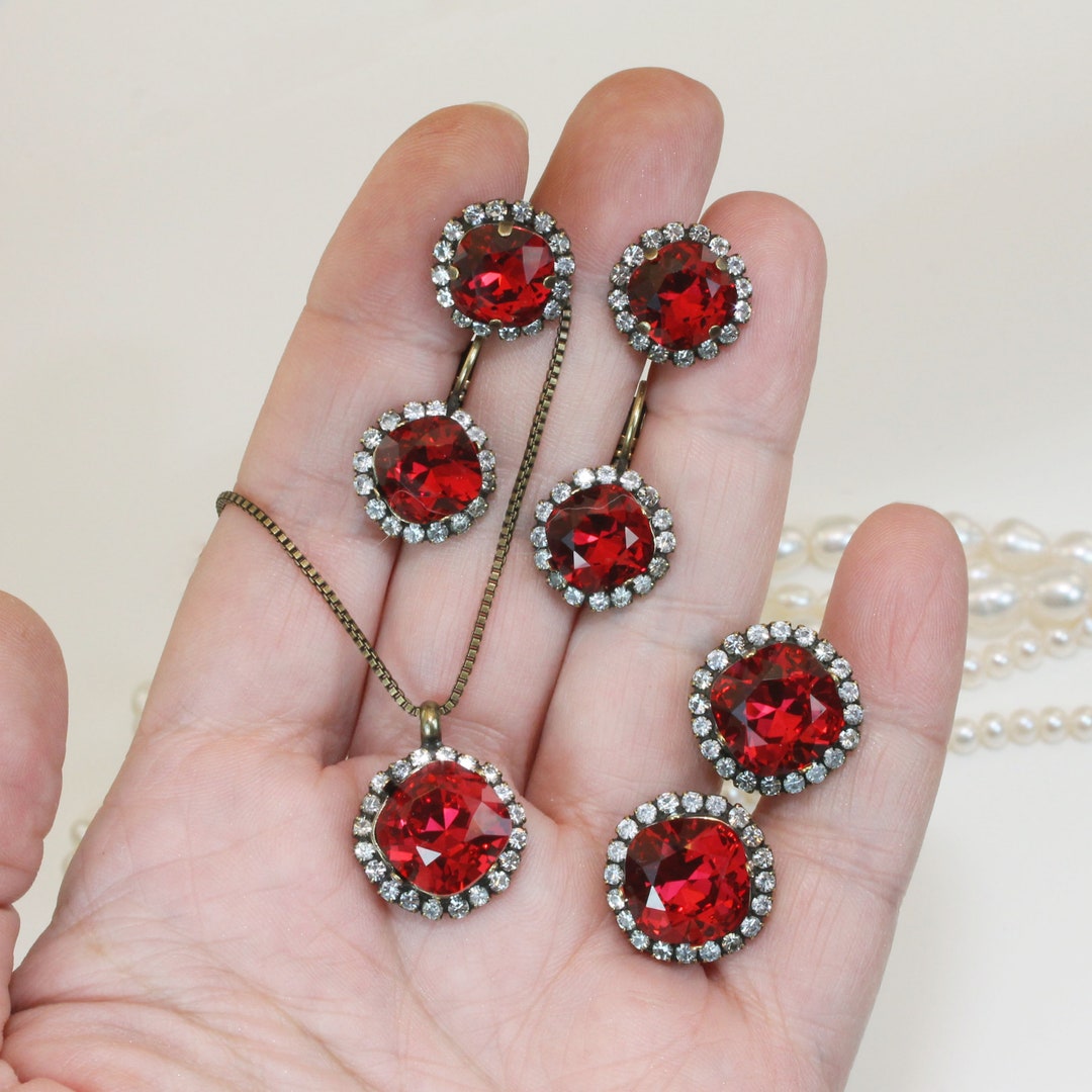 Red Bridal Jewelry Set, Scarlet Red Wedding Jewelry, Crystal Ring ...