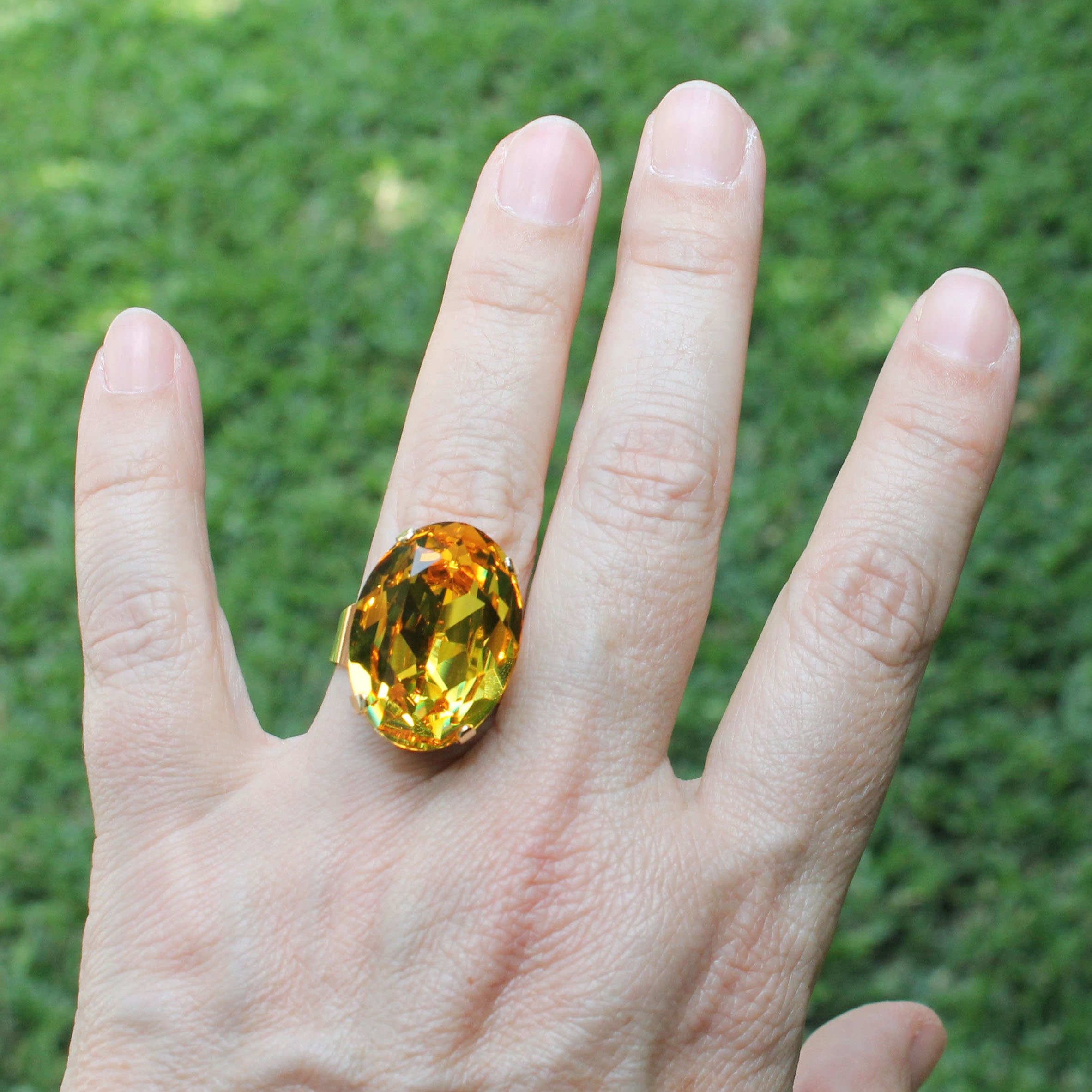 Yellow Ring, Canary Yellow Crystal Ring, Adjustable Oval Cocktail Ring ...