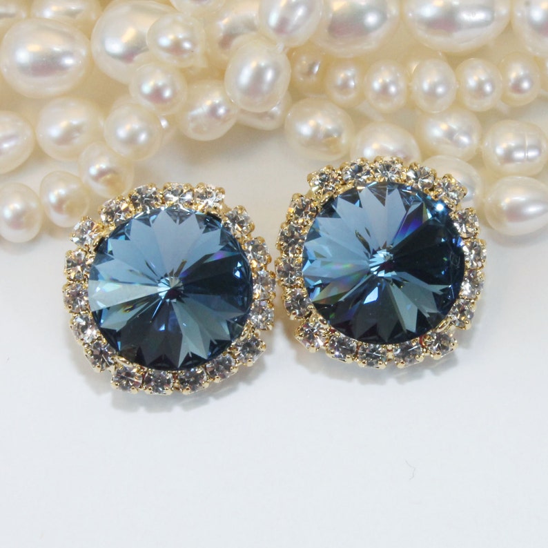 Navy Clip On Earrings Gold Navy Blue Swarovski Crystal Clip On Etsy