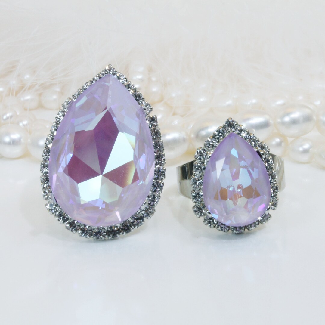 Bague lilas, bague en cristal violet lavande, bague de cocktail en forme de larme, bijoux de ...