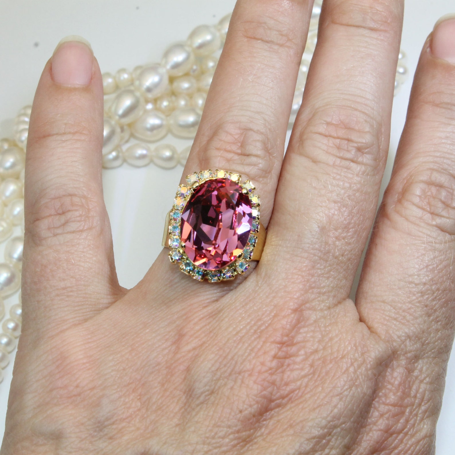 Pink Cocktail Ring Pink European Crystal Ring Pink Adjustable - Etsy