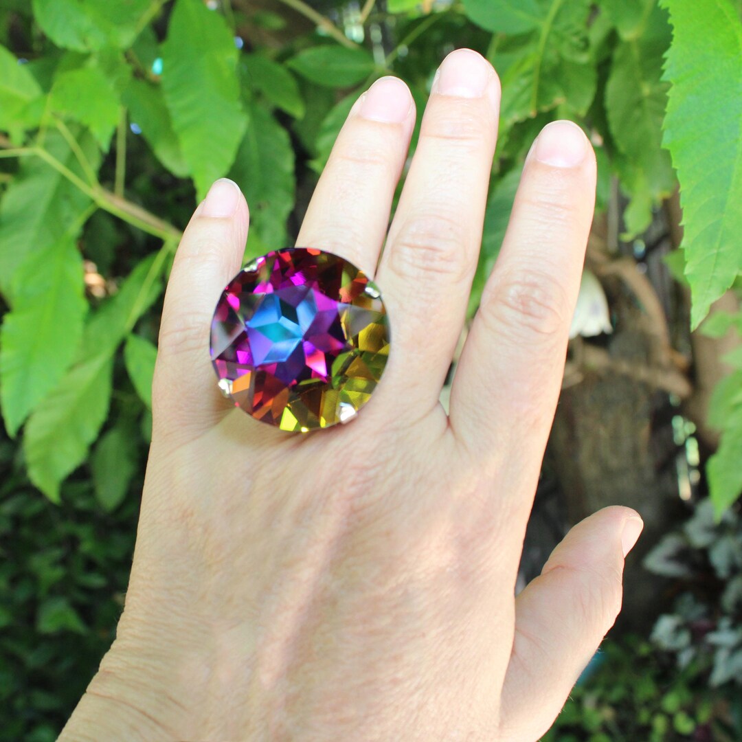 Huge Crystal Ring, Extra Large Rainbow Stone Ring, 35mm Round Oversized Cocktail Ring for Men ...