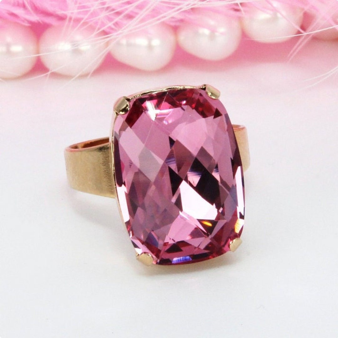 Pink Cocktail Ring for Women, Large Rose Ring, Crystal Adjustable Ring ...