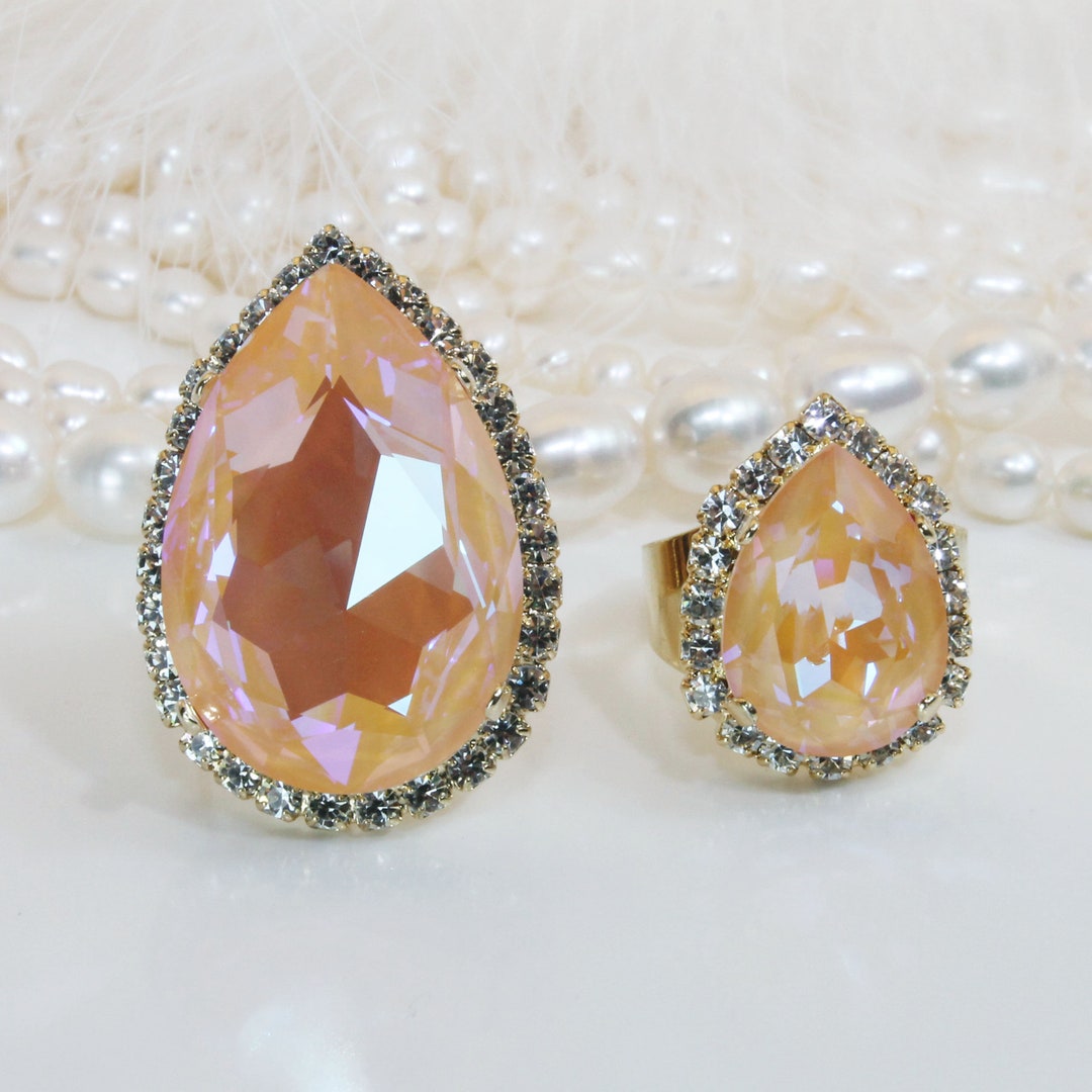 Peach Ring Cocktail Ring European Crystal Orange Peach Teardrop ...