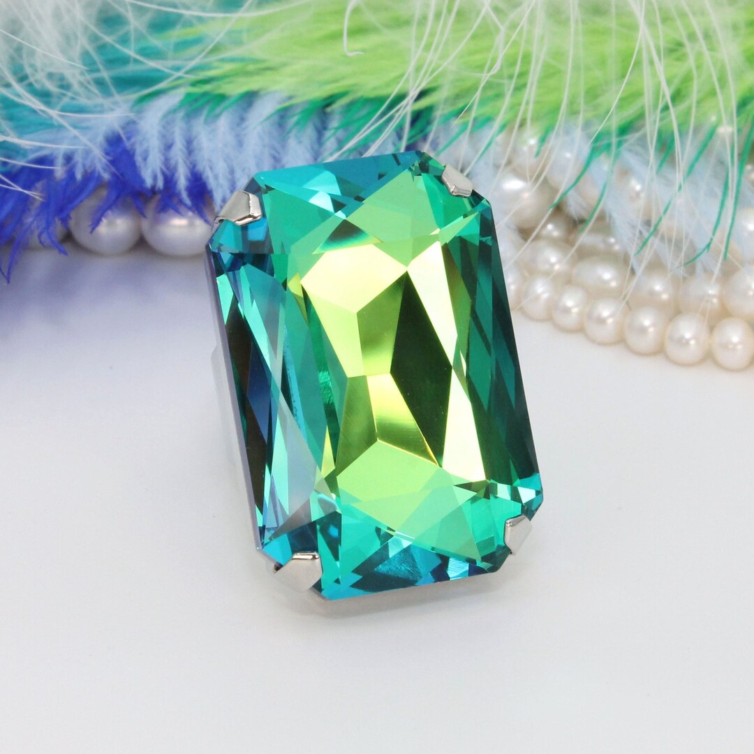 Large Emerald Cut Ring, Blue Green Crystal Ring, Huge Stone Ring ...