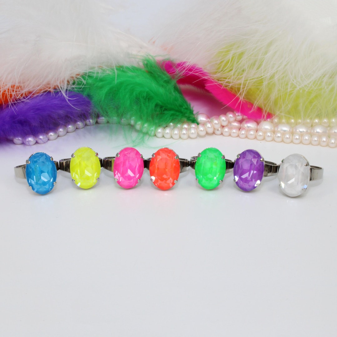 Neon Color Cocktail Ring, Bright Oval Crystal Ring, Colorful Adjustable ...