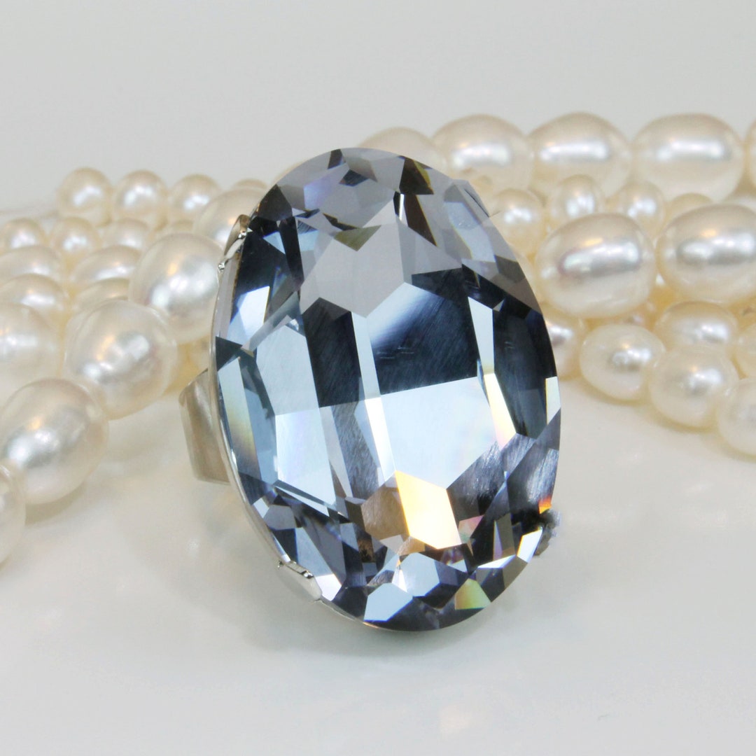 Steel Blue Ring Cocktail Ring Dusty French Blue European Crystal ...