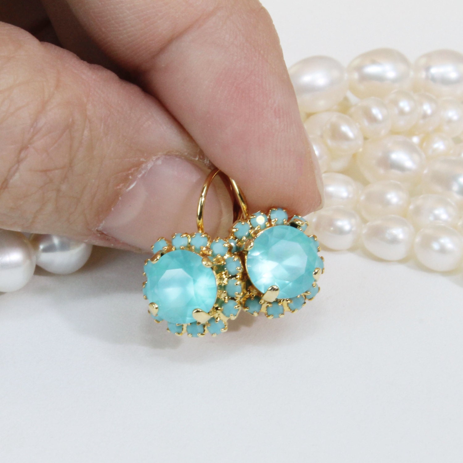 Turquoise Gold Earringsaqua Blue Drop Crystal Frosty - Etsy Israel