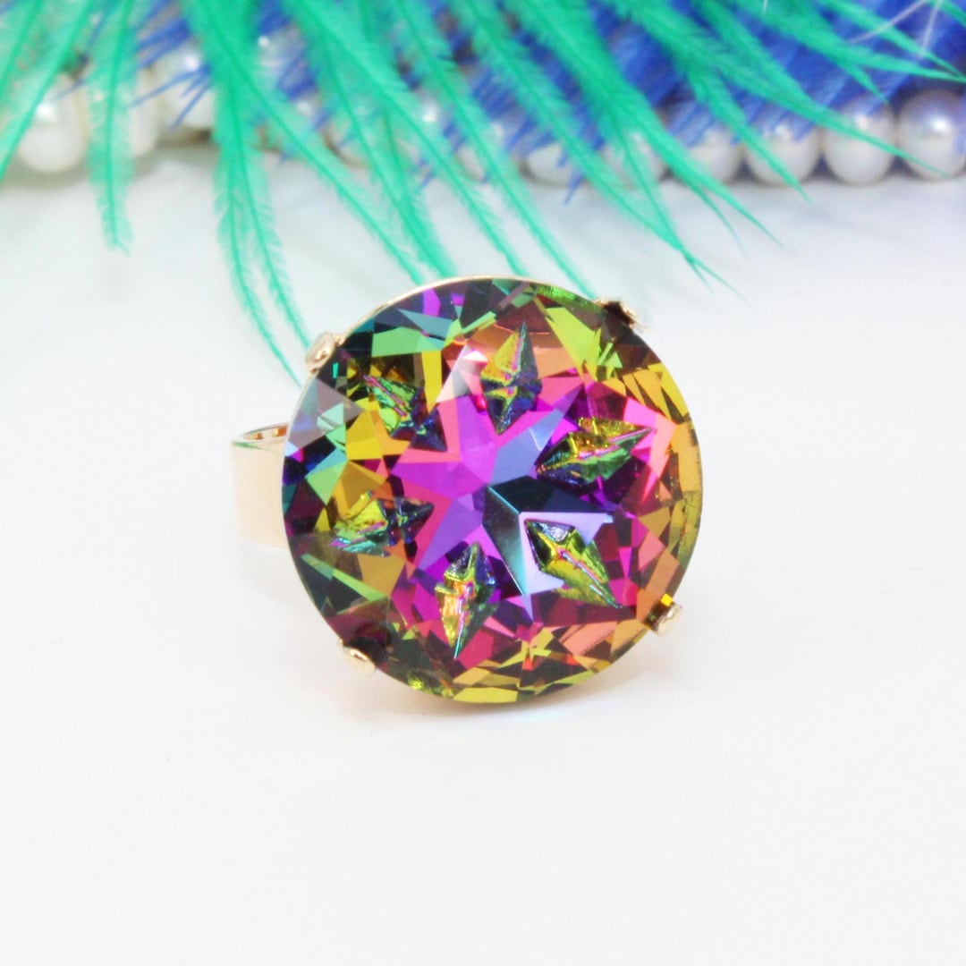 Rainbow Starburst Crystal Ring – Volcano Multicolor Adjustable Cocktail ...