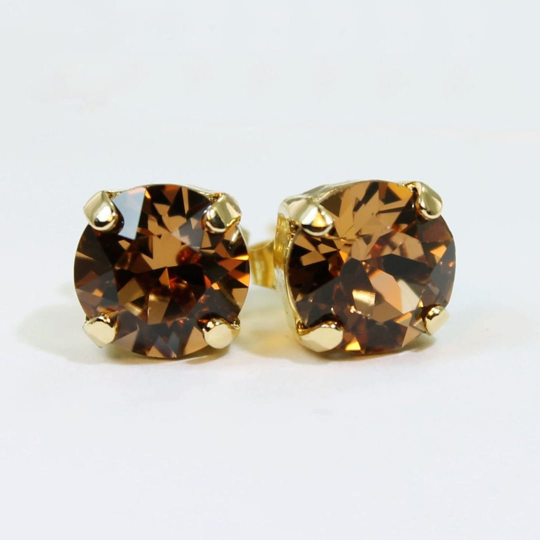 Rusty Brown Stud Earrings, Crystal Post Earrings for Men, Smokey Brown ...