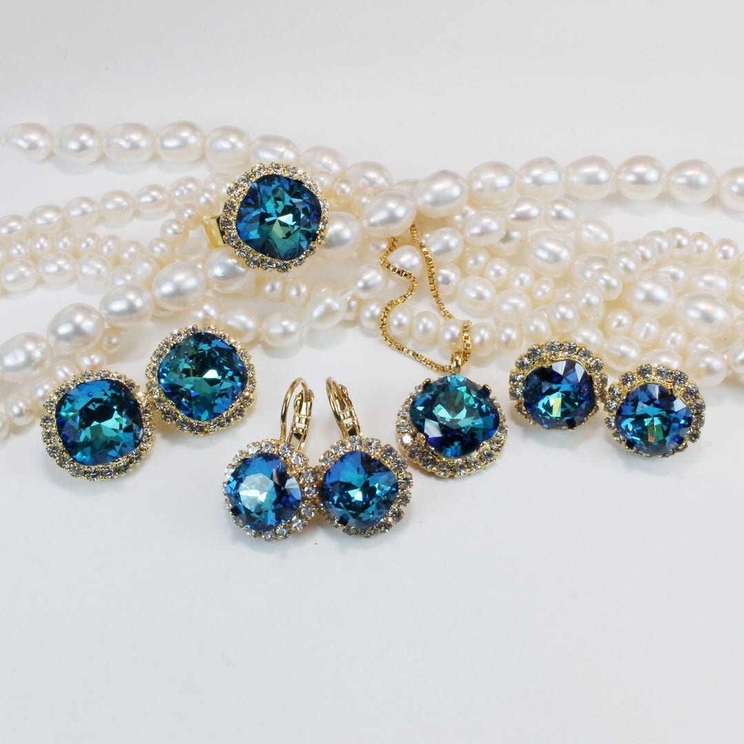 Peacock Blue Jewelry Set, Bridal Matching Set, Cobalt Crystal ...