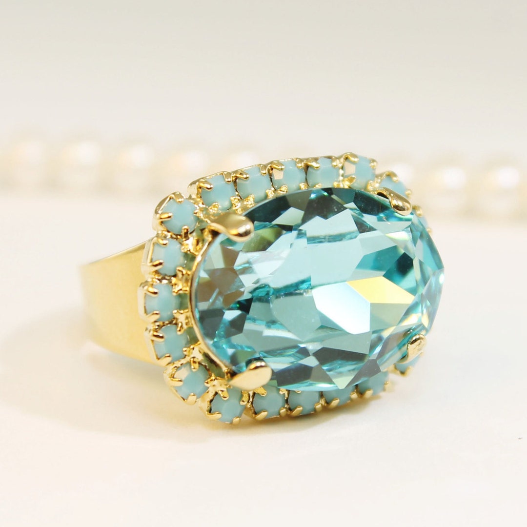 Aqua Blue Ring Adjustable Crystal Turquoise European Oval Ring Cocktail ...