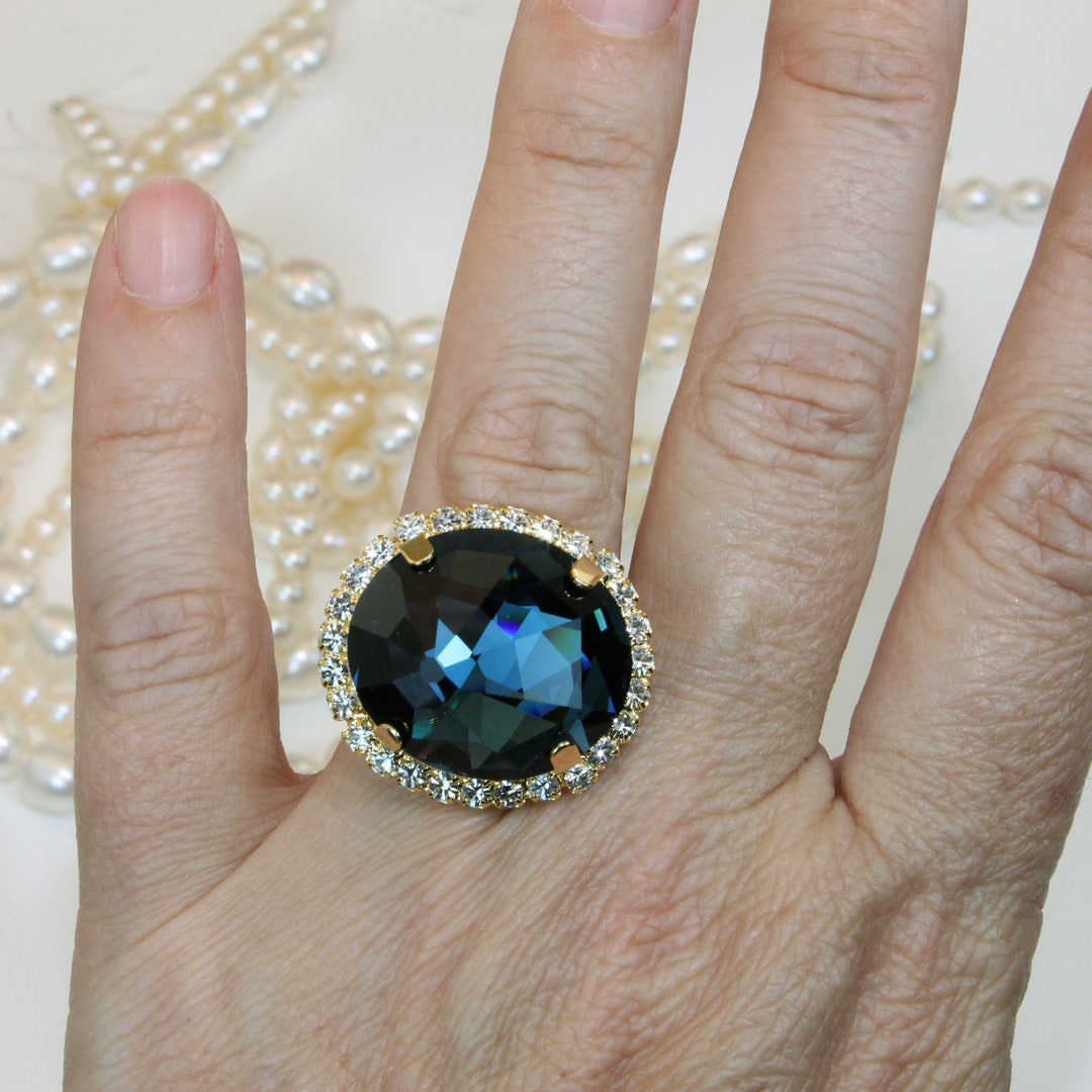 Navy Blue Ring European Crystal Bridal Cocktail Ring Oversize Statement ...