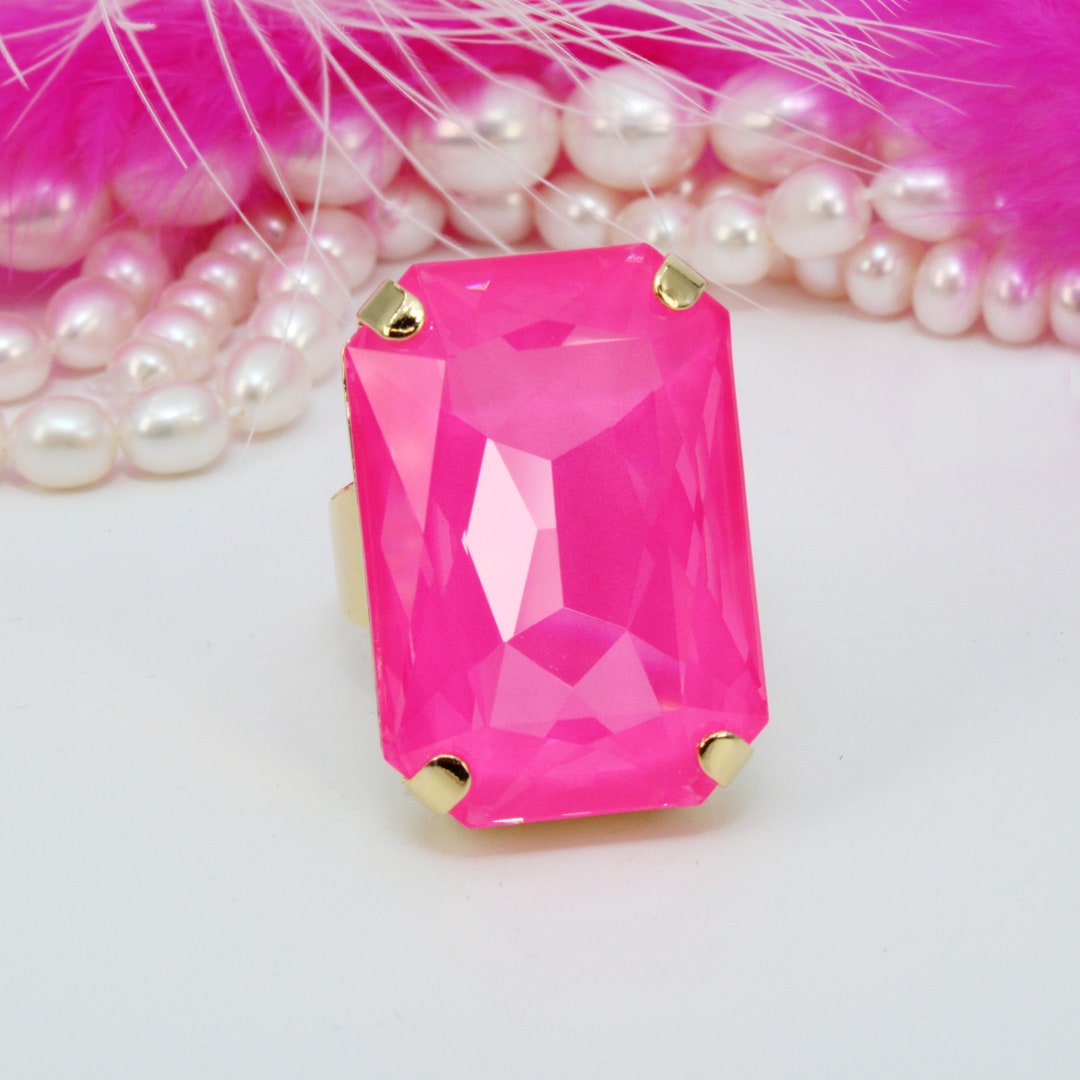 Neon Pink Ring, Hot Pink Cocktail Ring, Barbie Pink Jewelry, Big Stone ...