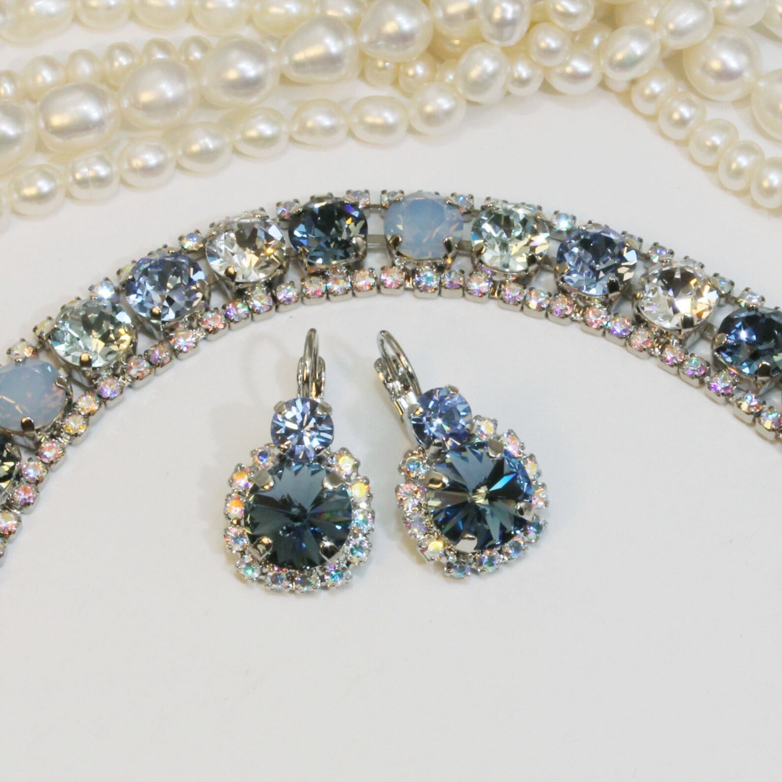 Blue Crystal Bracelet Earrings Matching Set Bridal Navy Blue - Etsy