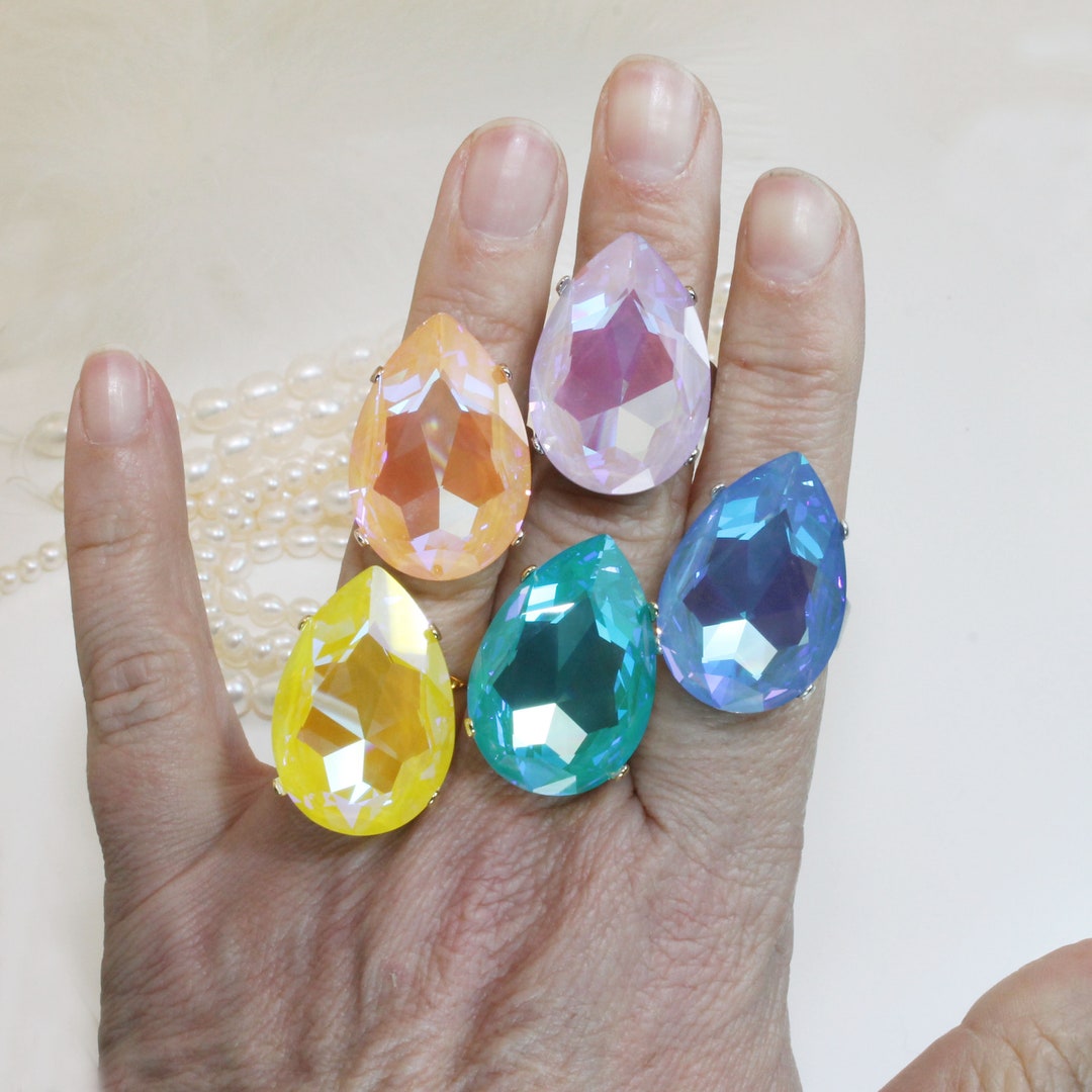 Teardrop Ring Oversize Crystal Cocktail Adjustable Summer Teardrop ...