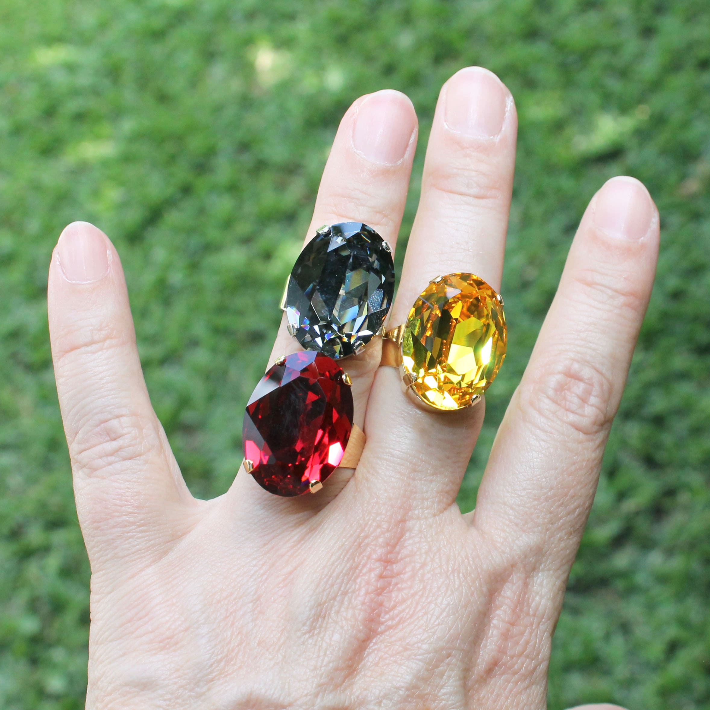Yellow Ring, Canary Yellow Crystal Ring, Adjustable Oval Cocktail Ring ...