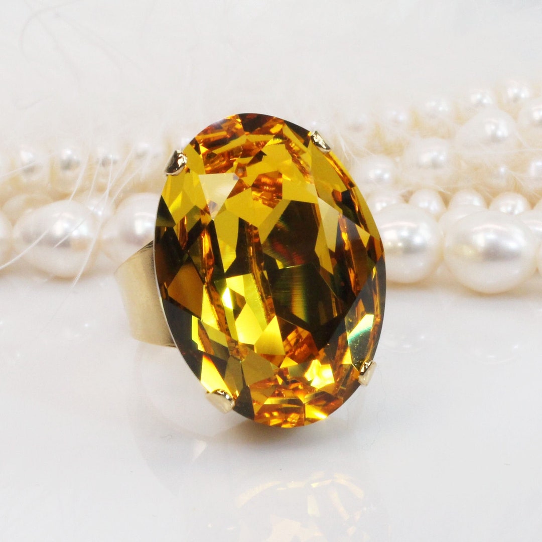 Yellow Ring, Canary Yellow Crystal Ring, Adjustable Oval Cocktail Ring ...