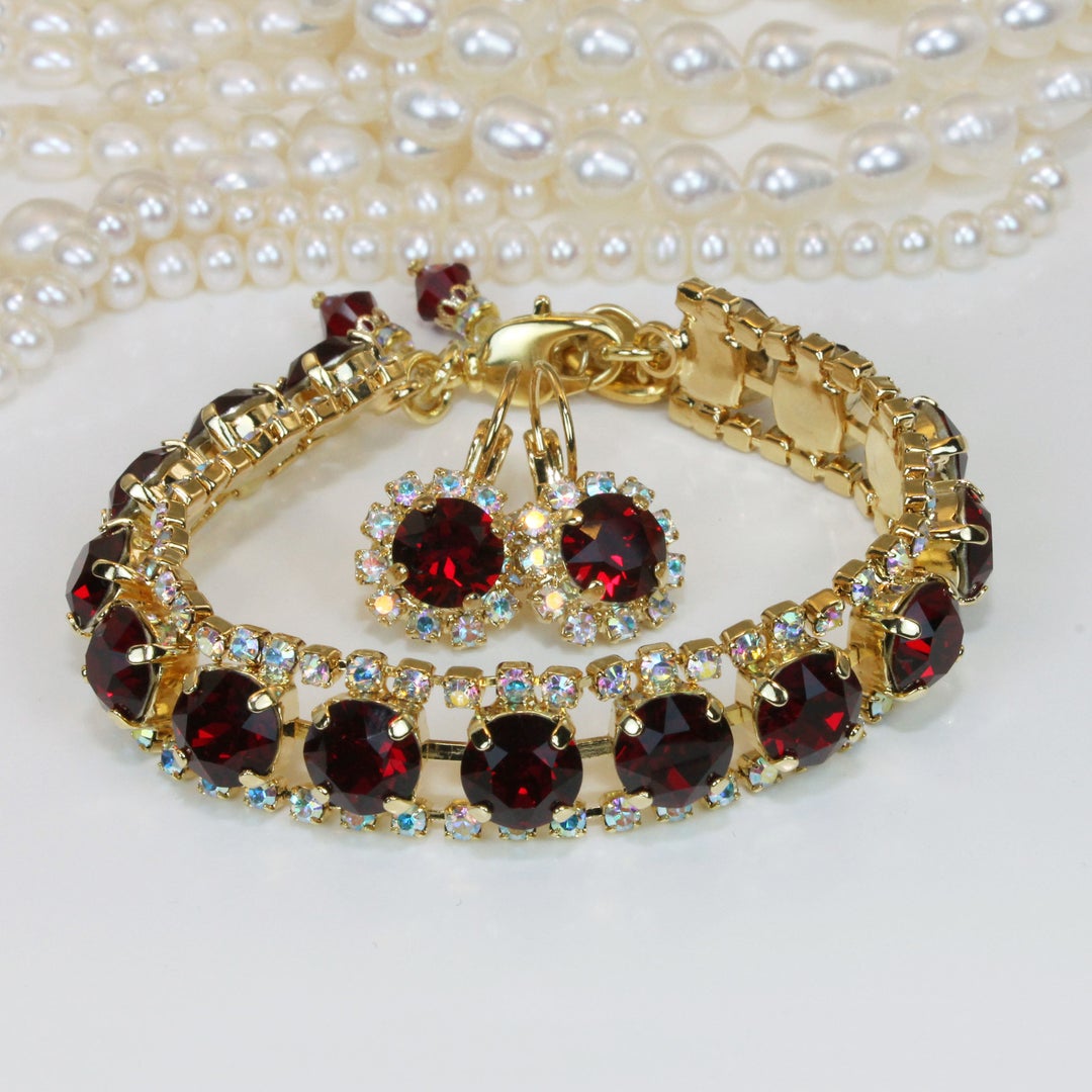 Red Bridal Jewelry Set Ruby Red European Crystal AB Bracelet Earrings ...