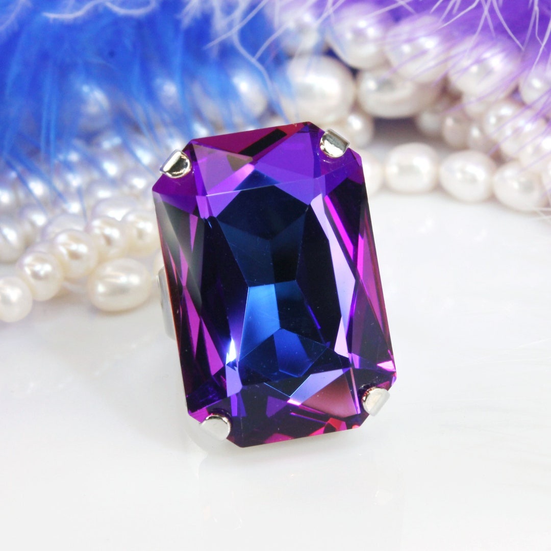 Big Purple Blue Ring, Large Purple Stone Ring, Emerald Cut Cocktail ...