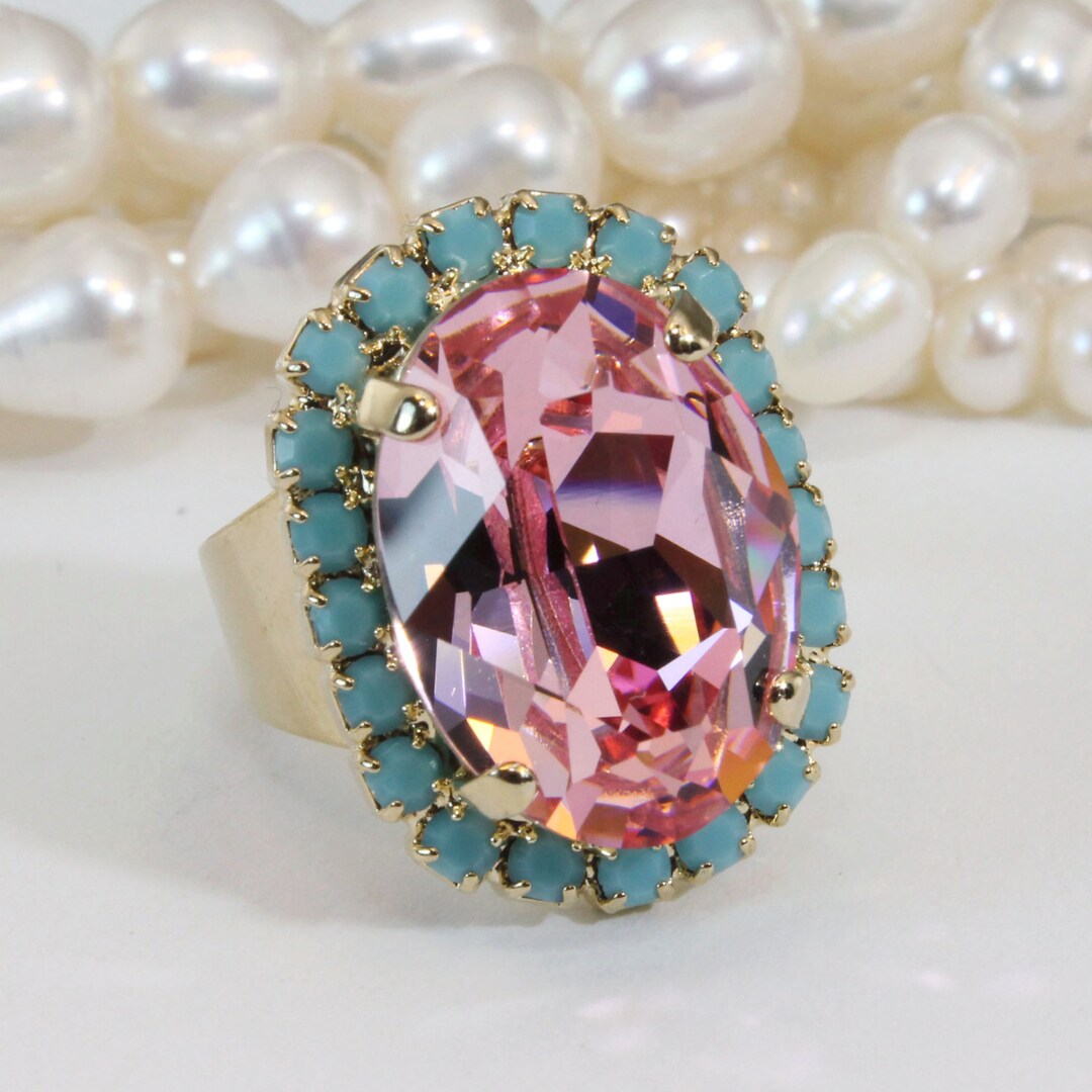 Pink Turquoise Ring Aqua Blue Adjustable Crystal Pink Oval Cocktail ...