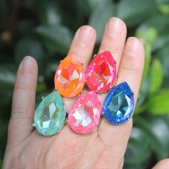 Big Stone Ring European Crystal Adjustable Bridal Cocktail - Etsy