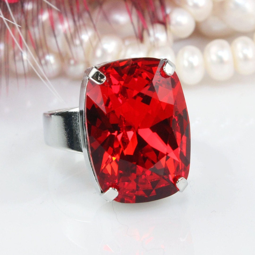 Ruby Red Crystal Ring, Cherry Red Cocktail Ring, Statement Rings, July ...