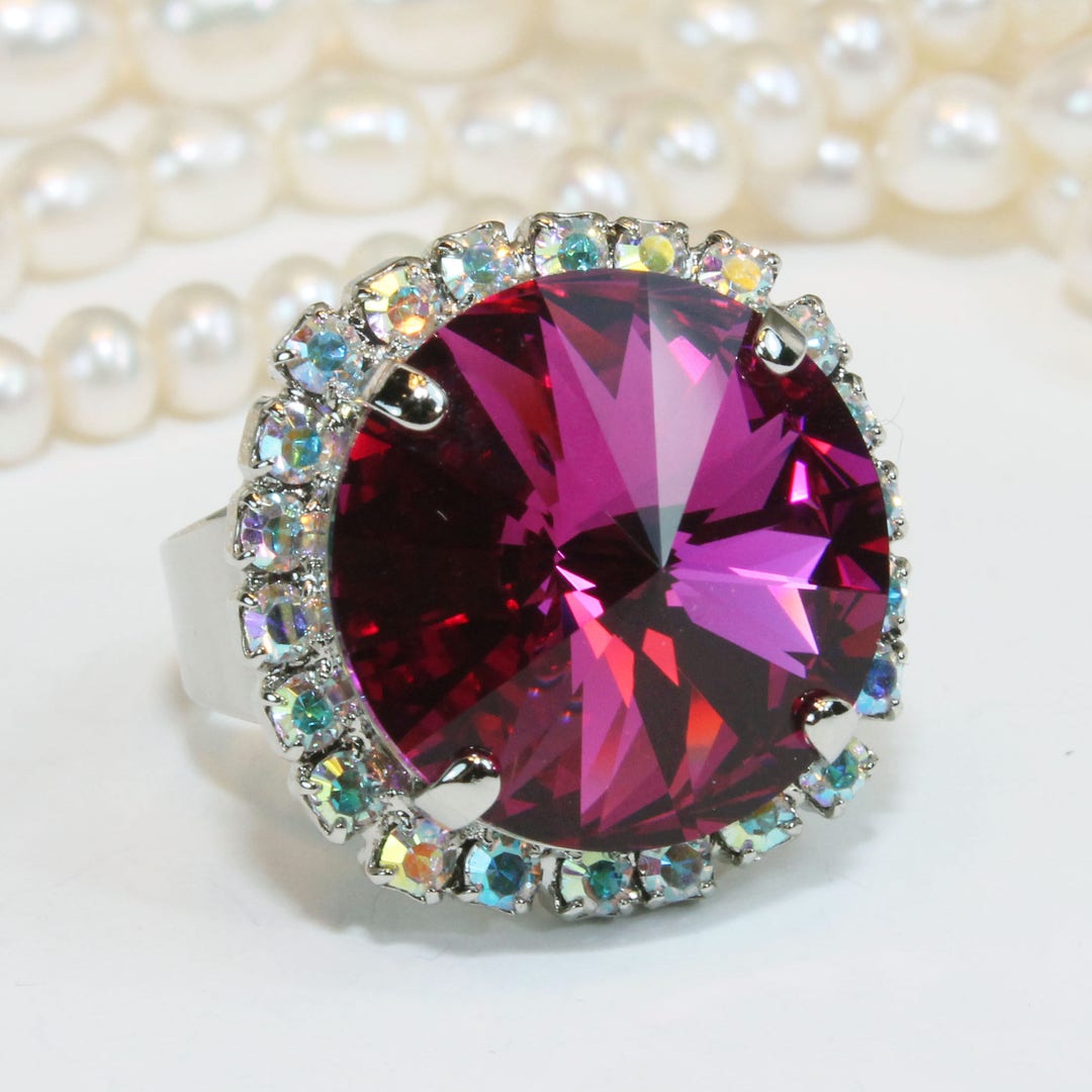 Fuchsia Cocktail Bridal Ring Fuchsia Pink Crystal Ring European Crystal ...