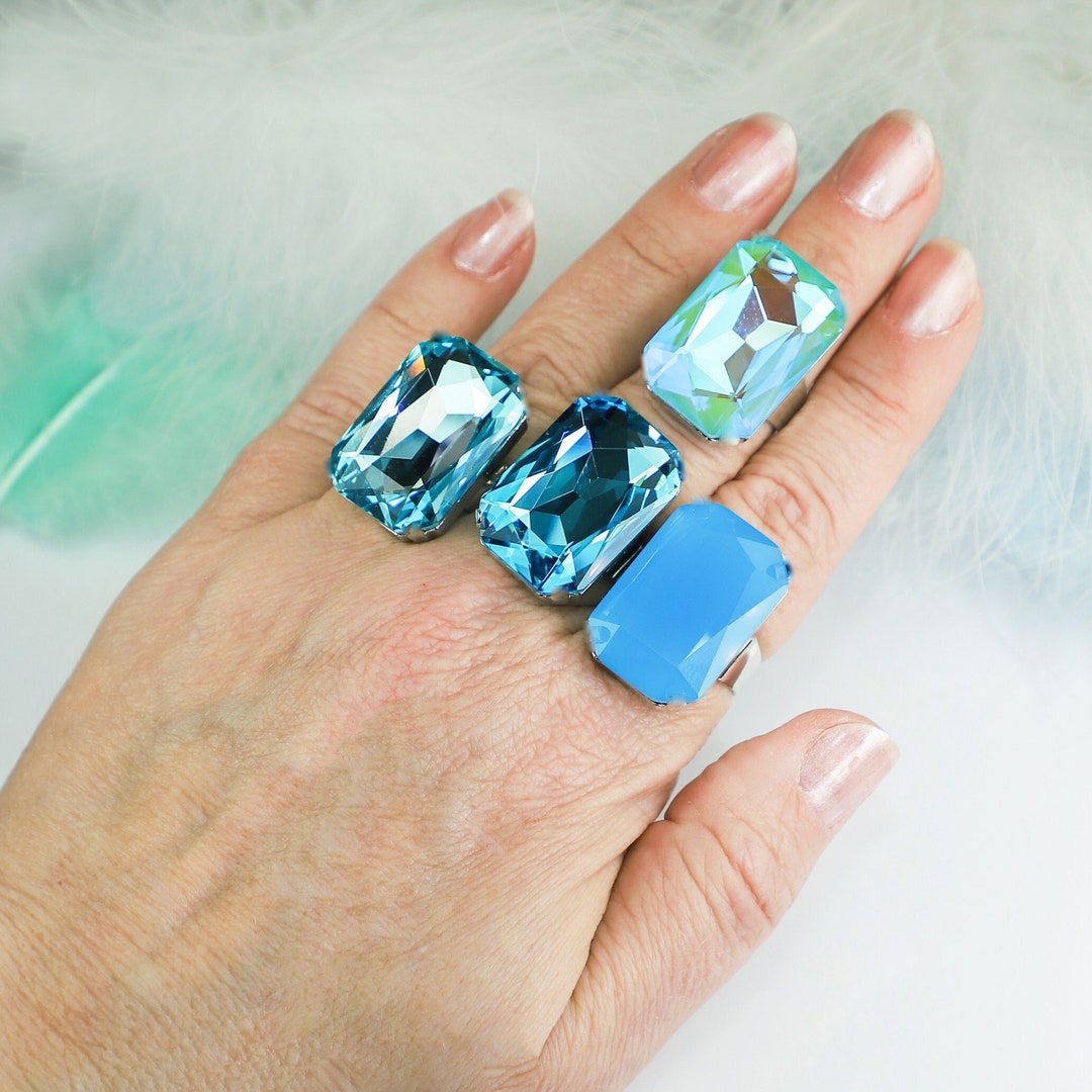 Aquamarine Blue Ring, Large Crystal Ring, Oversize Cocktail Ring ...