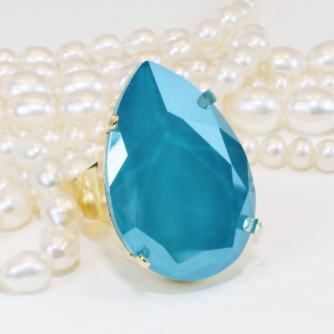 Blue Ring European Crystal Oversize Adjustable Teardrop Ocean Big Blue ...