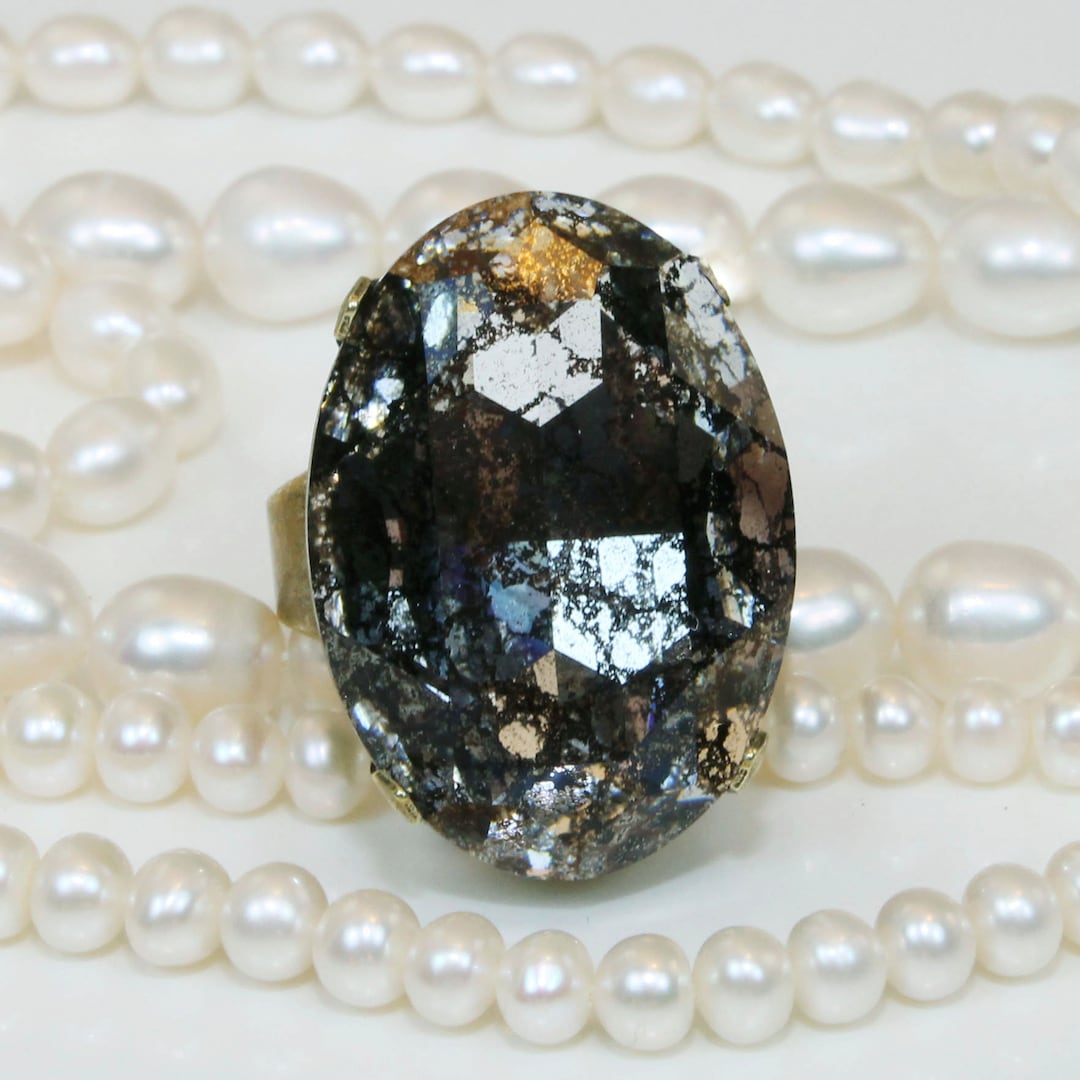 Black Statement Ring, Large Crystal Ring, Halloween Jewelry, Black ...