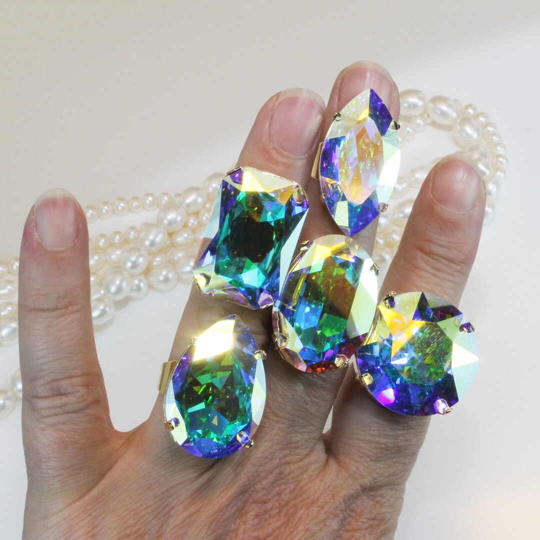 Aurora Borealis Ring, AB Crystal Ring, Cocktail Ring, Wedding Jewelry ...