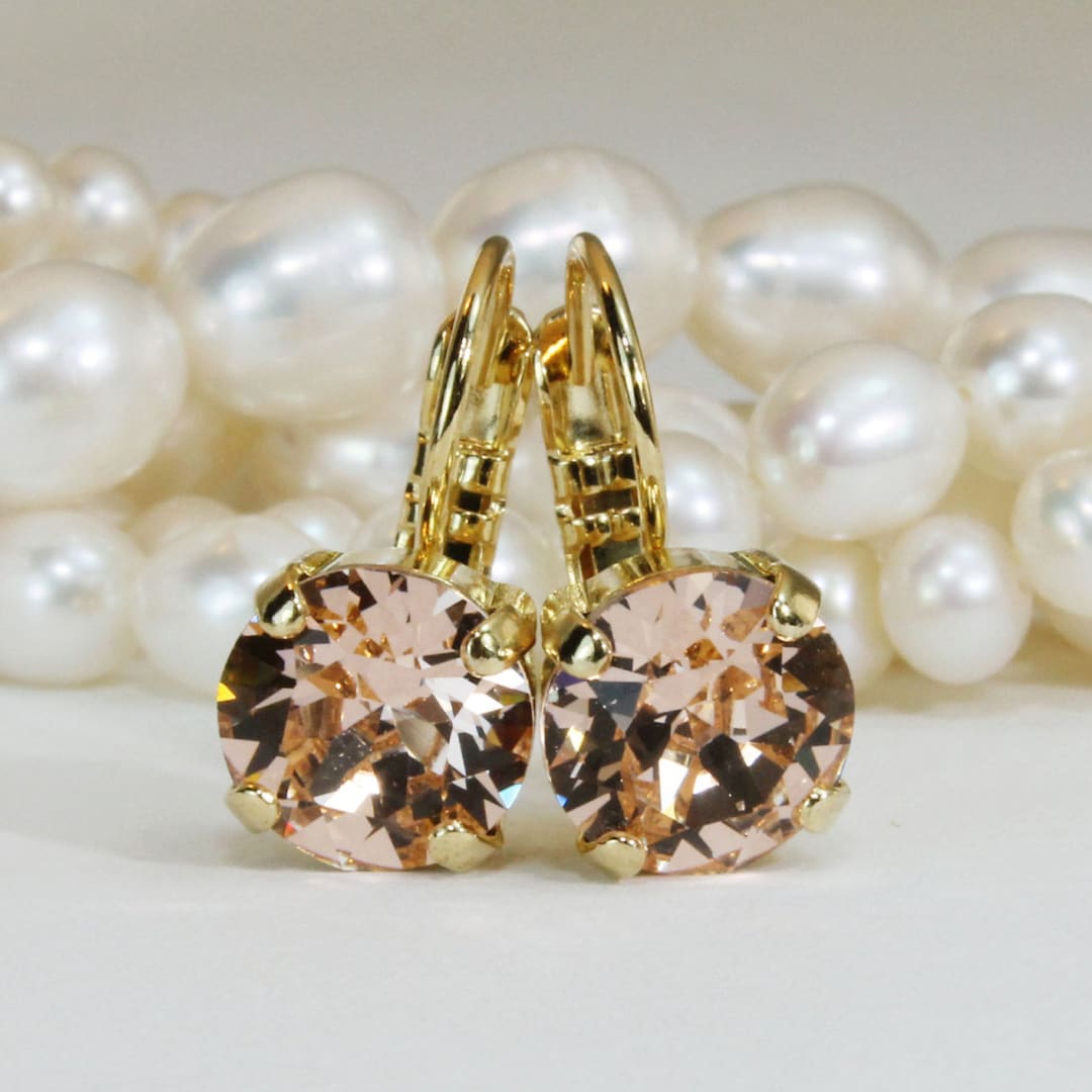 Peach Crystal Earrings Light Peach Gold Drop Earrings Single Stone ...