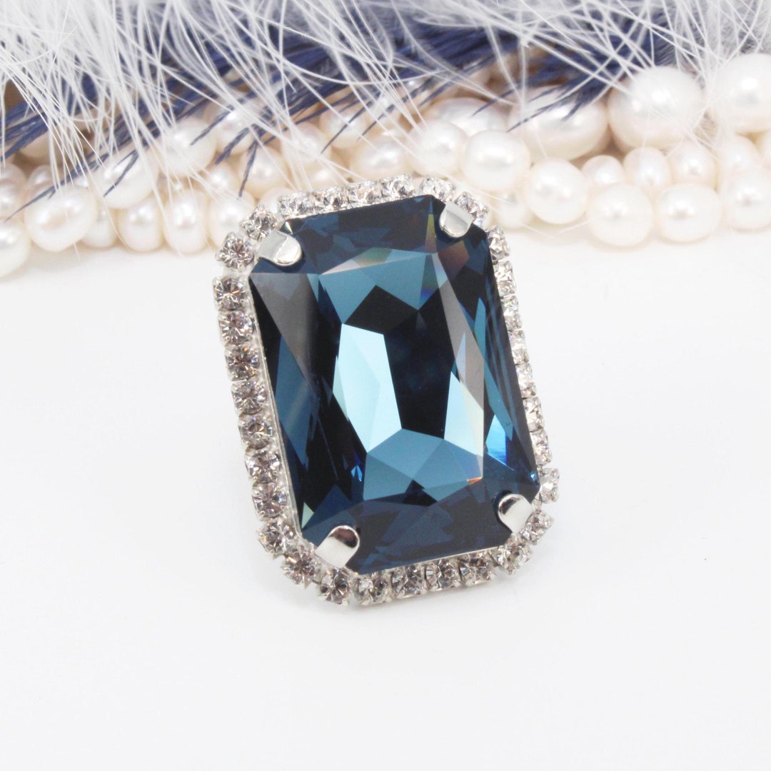 Blue Navy Cocktail Ring, Dark Blue Rectangle Crystal Ring, Big Stone ...