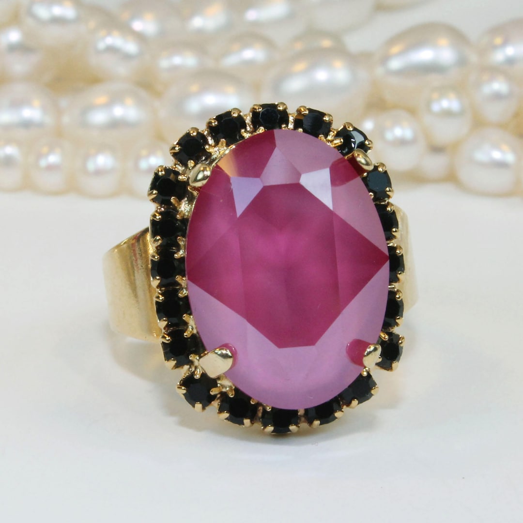 Pink Black Ring Magenta Opal Crystal European Ring Valentine's Gift ...