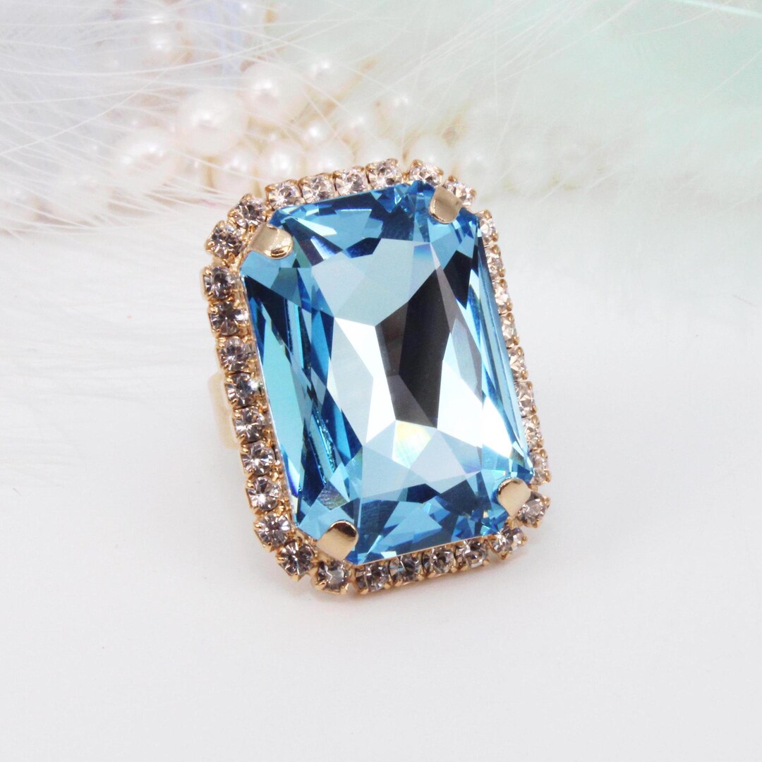Aquamarine Adjustable Cocktail Ring, Aqua Blue Rectangle Crystal Ring ...
