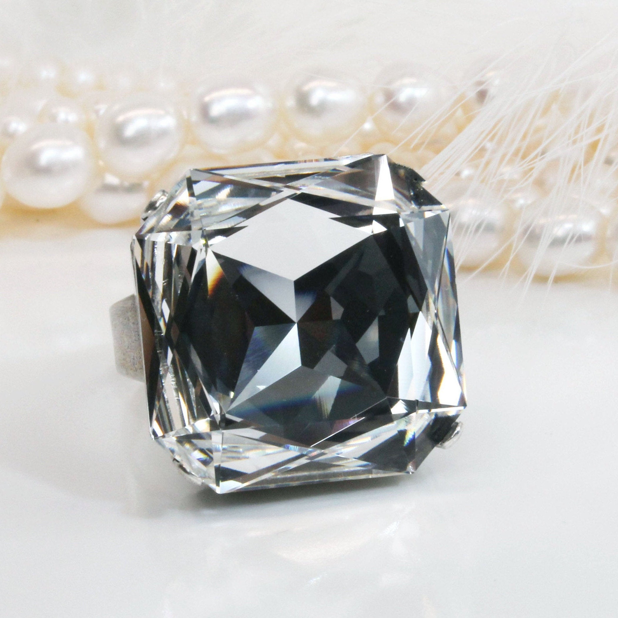 Clear European Crystal Ring Square Clear White Adjustable - Etsy UK