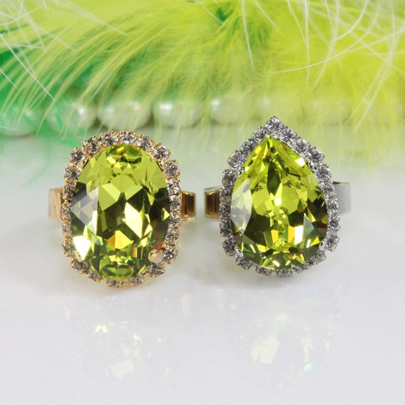 Lime Green Ring Citrus Crystal Teardrop Oval Adjustable - Etsy
