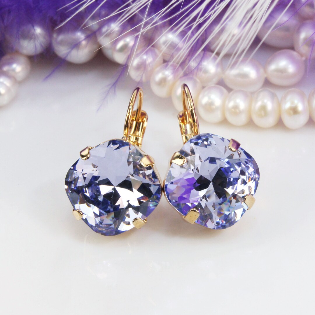 Lavender Crystal Dangle Drop Square Earrings, Purple Wedding Jewelry ...