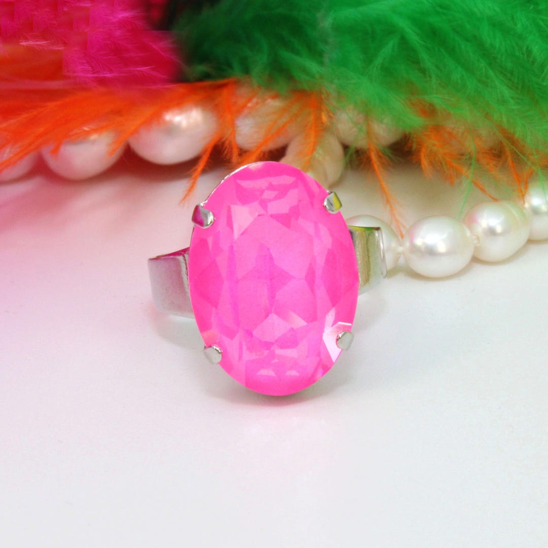 Neon Pink Cocktail Ring, Bright Hot Pink Oval Crystal Ring, Colorful ...