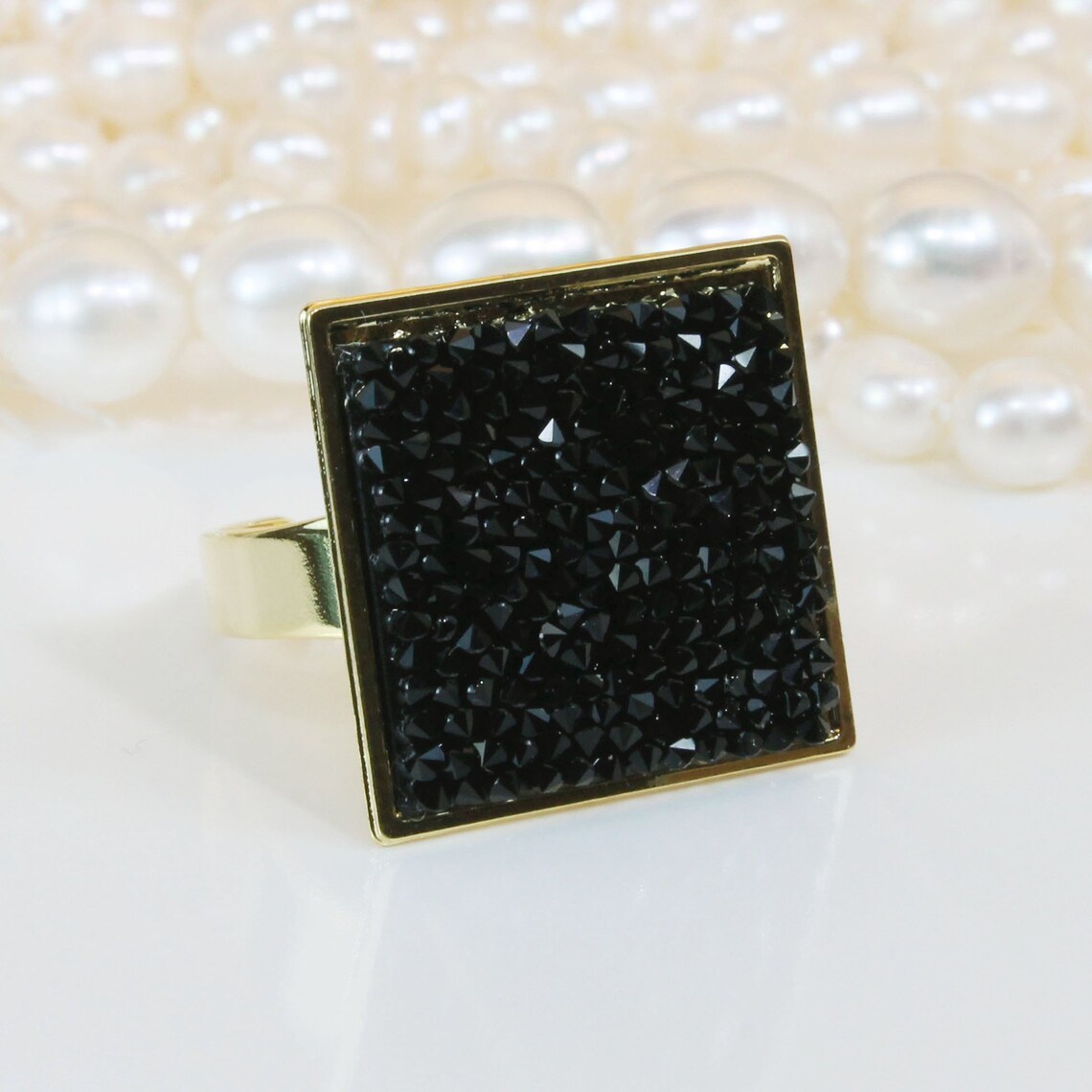 Black Ring Black Cocktail Square Oversize European Crystal - Etsy