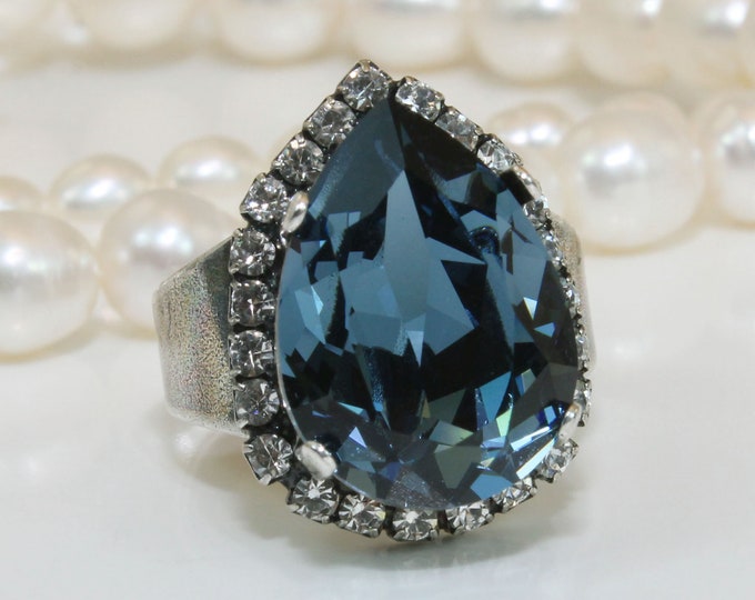 Navy Blue Cubic Zirconia Ring, Rhodium Plated Dark Blue Cocktail Ring ...