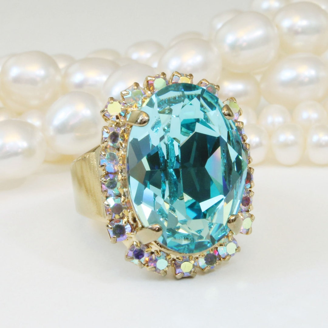 Aqua Blue Cocktail Aqua Crystal Ring Light Turquoise AB Adjustable Ring ...